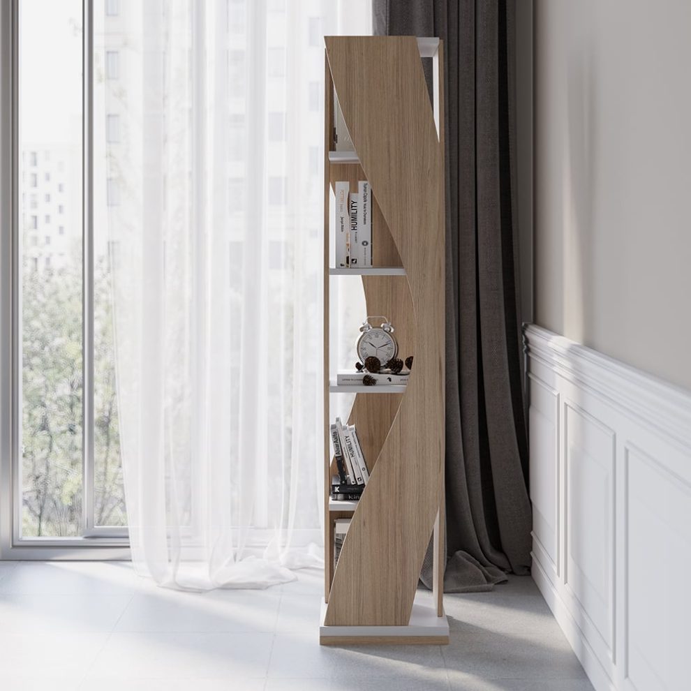 5 Shelf Loft Geometric Narrow Bookshelf Curved Swivel Bookcase In White ...